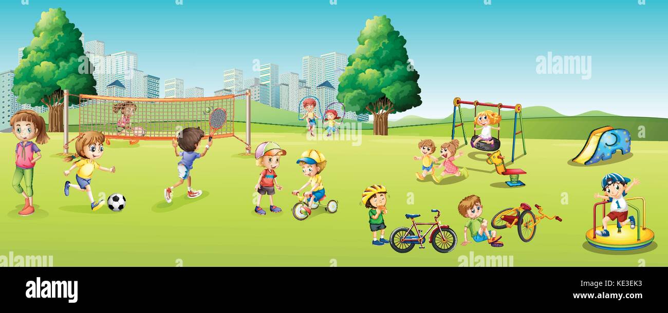 Children playing games and sports in the park illustration Stock Vector ...