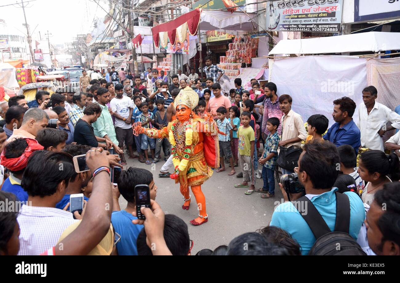 Allahabad, India. 18th Oct, 2017. An artist dressed as Lord Hanuman ...