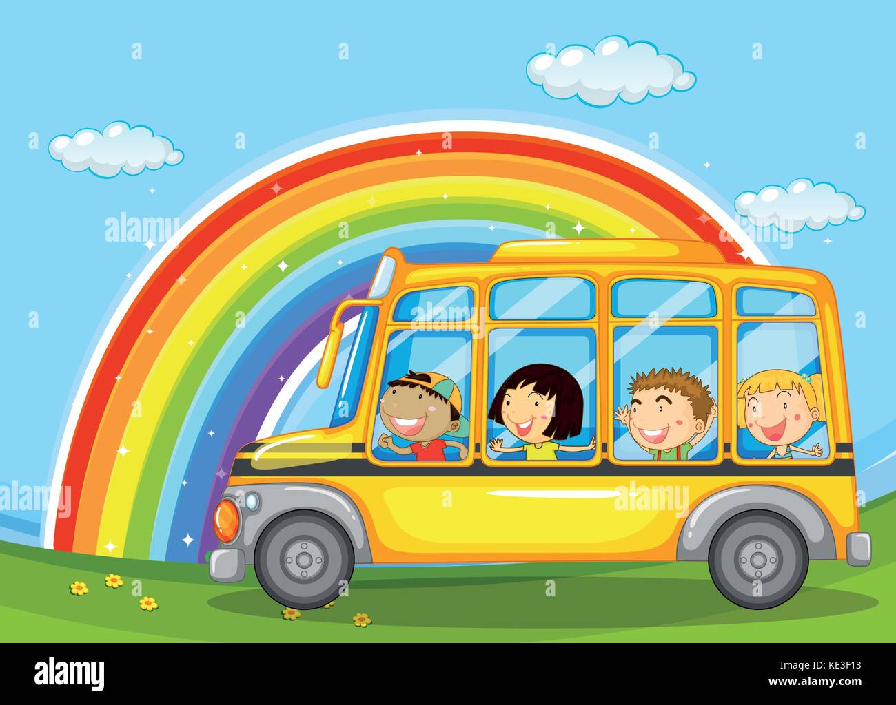 Boys and girls riding in school bus illustration Stock Vector Image ...