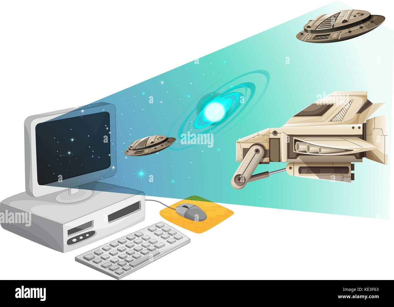 Computer screen with spaceships in the space illustration Stock Vector ...