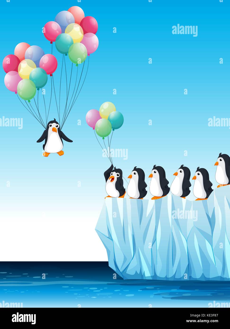 Penguins on ice and flying with balloons illustration Stock Vector ...