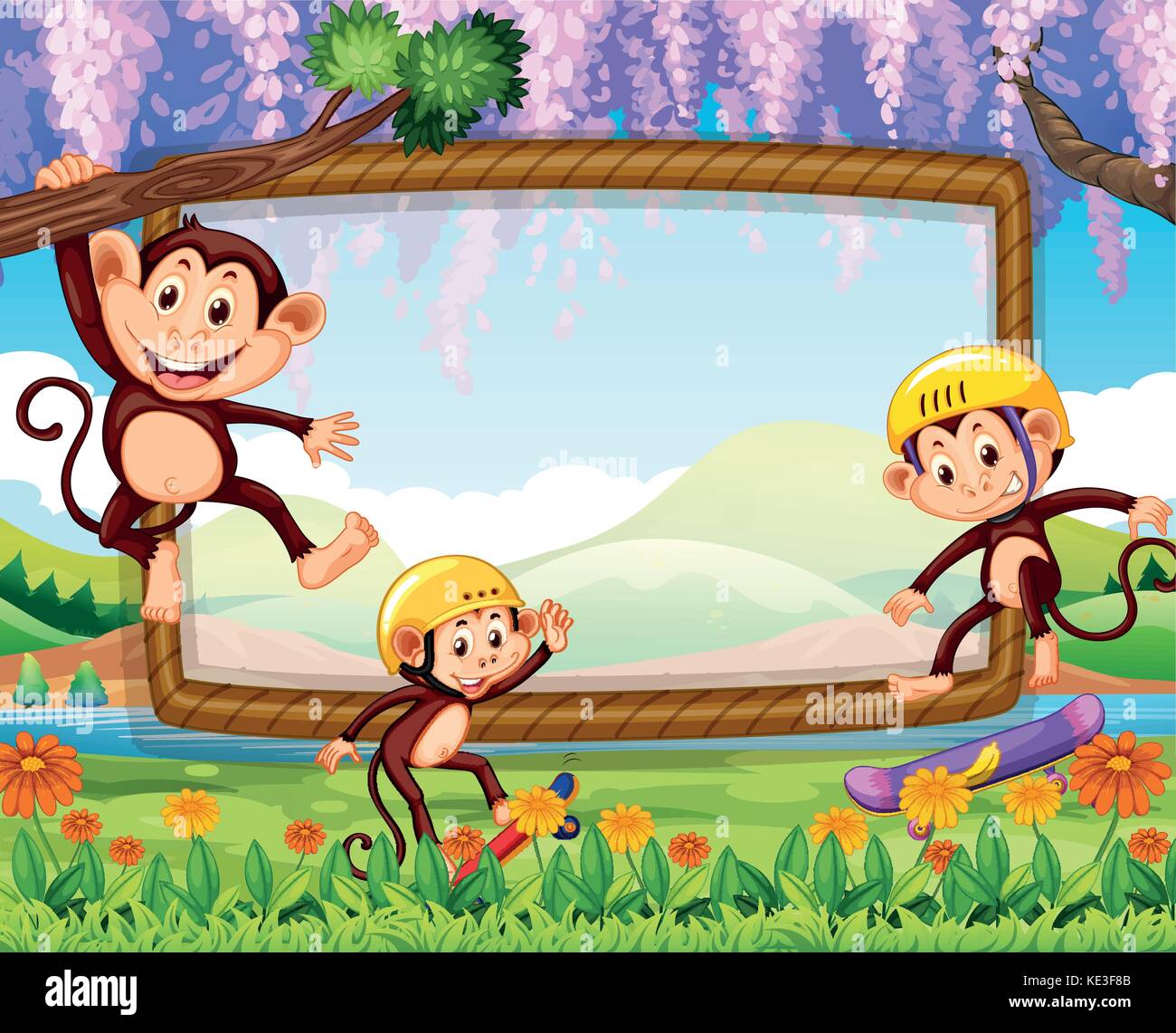 Border design with three monkeys in the park illustration Stock Vector ...