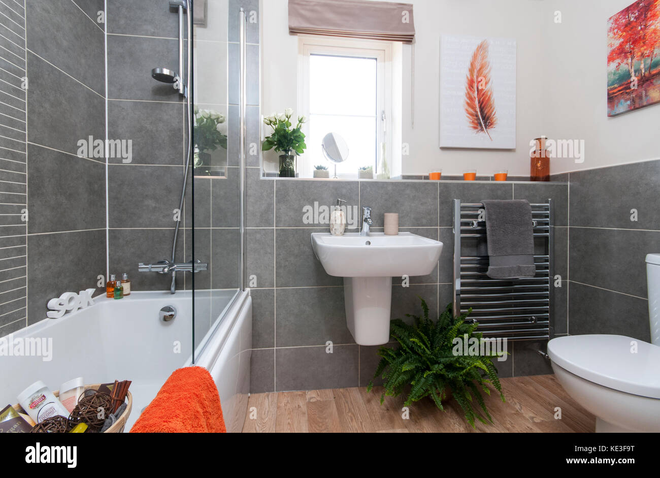 Family bathroom with grey tiles and towel radiator Stock Photo - Alamy
