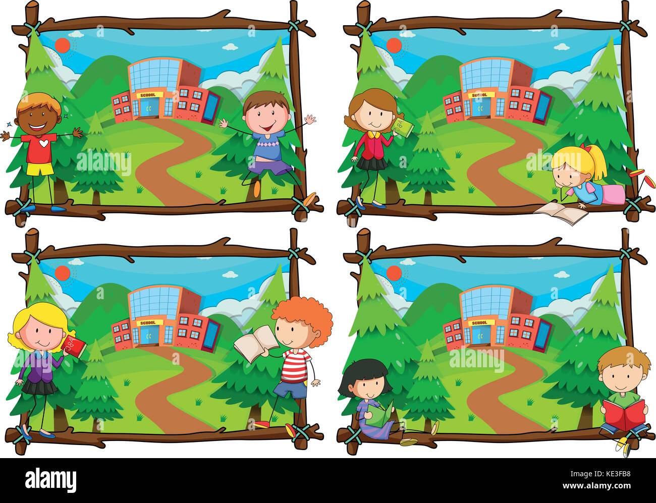Four scenes of children going to school illustration Stock Vector Image ...
