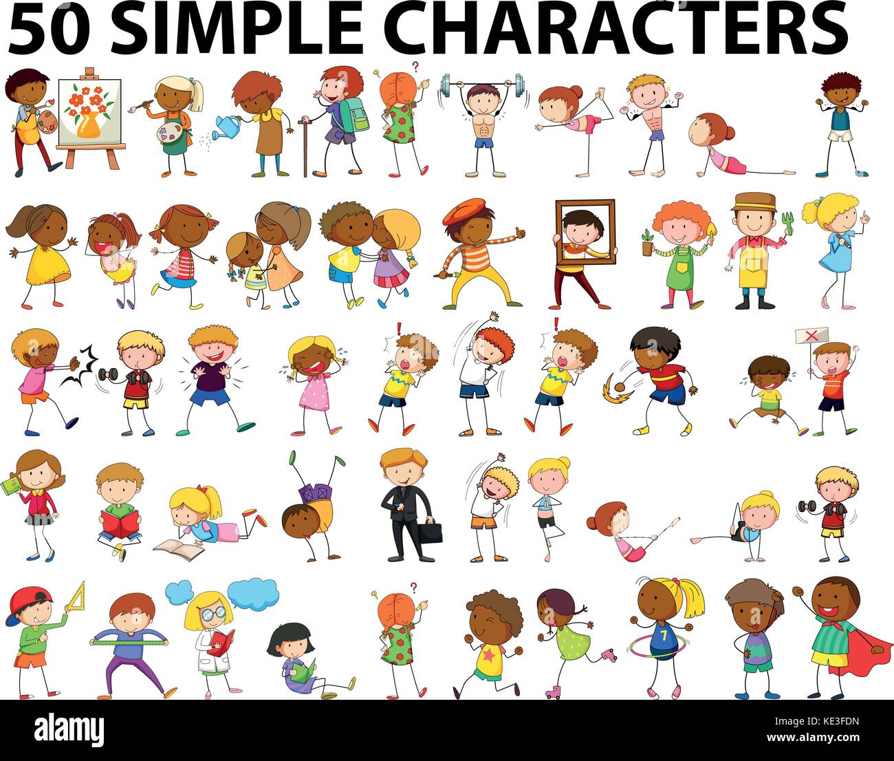 Fifty simple characters doing different activities illustration Stock ...