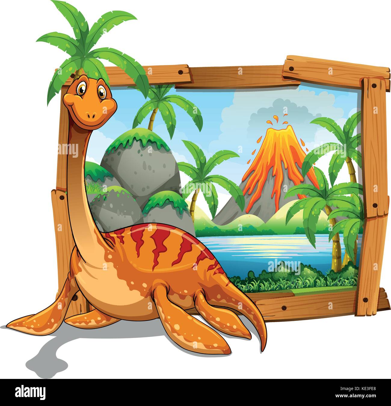 Wooden frame with dinosaur at the lake illustration Stock Vector Image ...