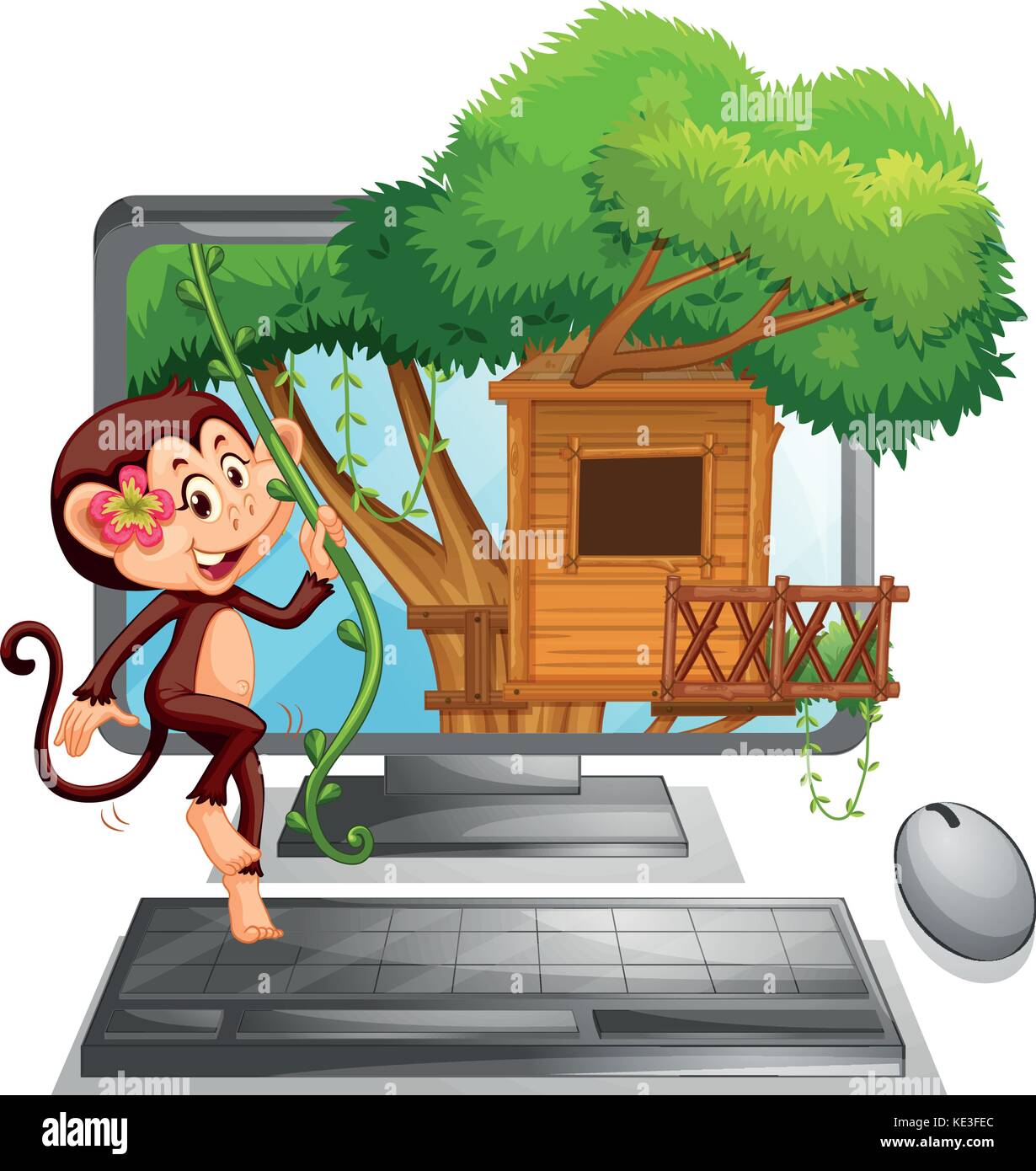 Computer screen with monkey on treehouse illustration Stock Vector ...