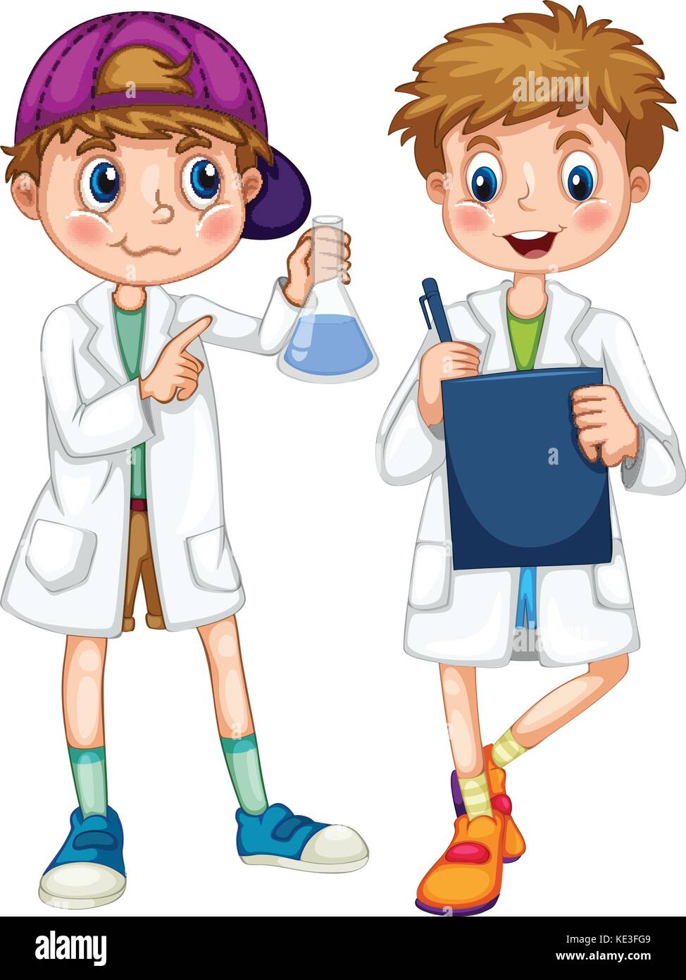 Boys in science gown writing and experimenting illustration Stock ...