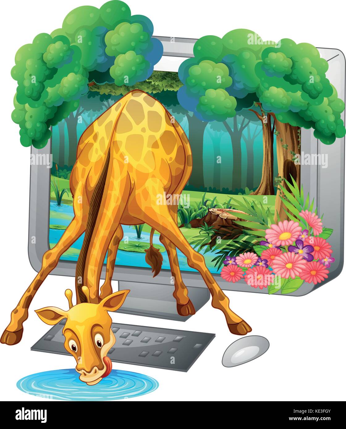 Computer screen with giraffe drinking water illustration Stock Vector ...
