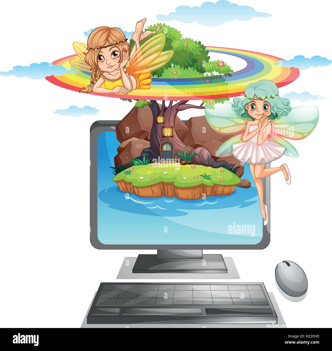Computer screen with fairies on island illustration Stock Vector Image ...