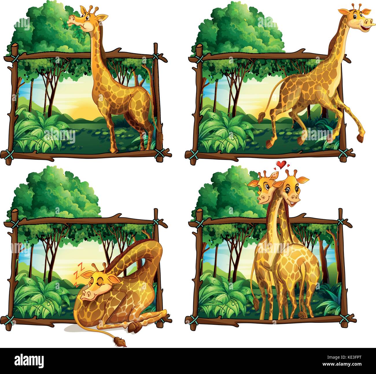 Four scenes of giraffes in the woods illustration Stock Vector Image ...