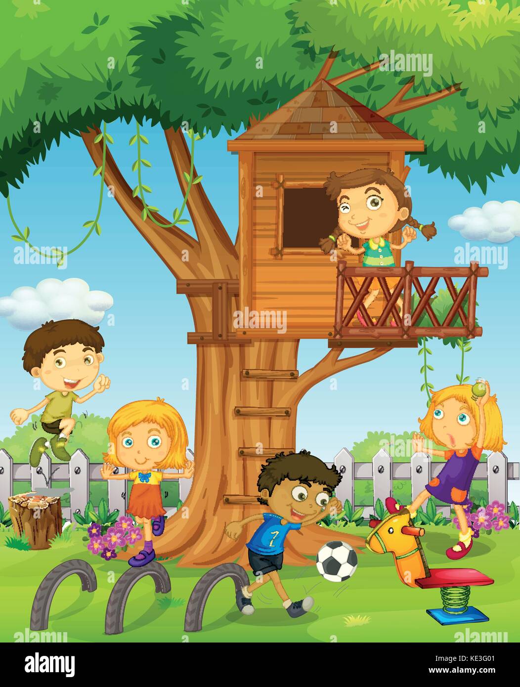 Kids playing in the treehouse illustration Stock Vector Image & Art - Alamy
