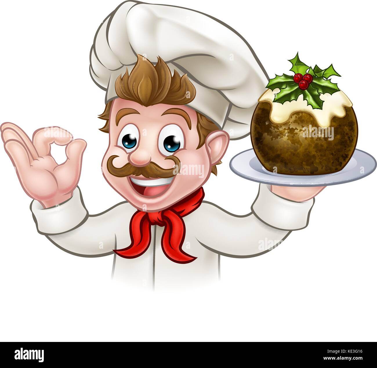 A chef cartoon character holding a Christmas pudding and doing a ...