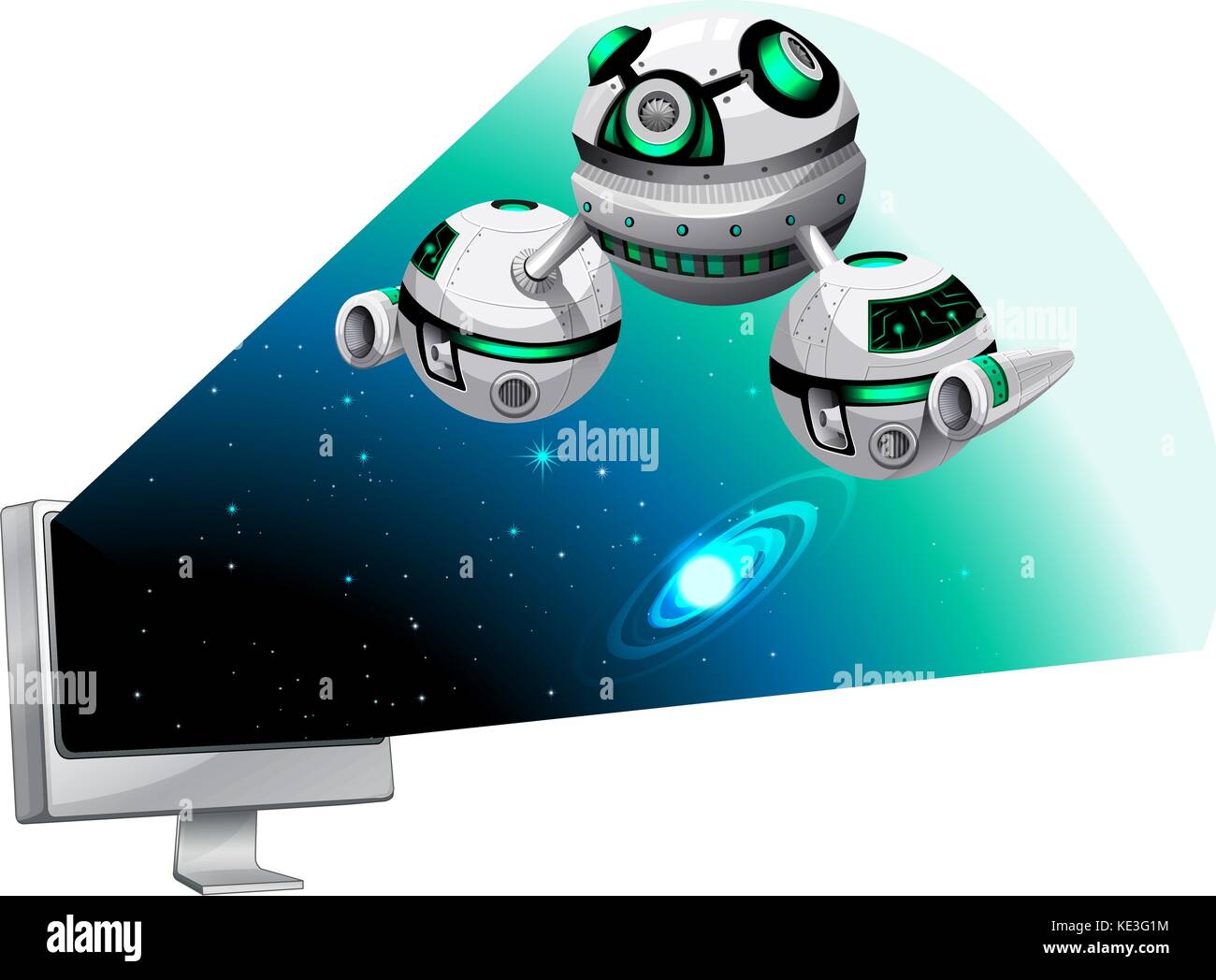 Computer screen with spaceship flying out illustration Stock Vector ...