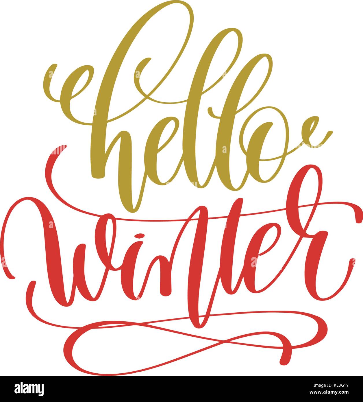 hello winter hand lettering holiday red and gold inscription Stock ...