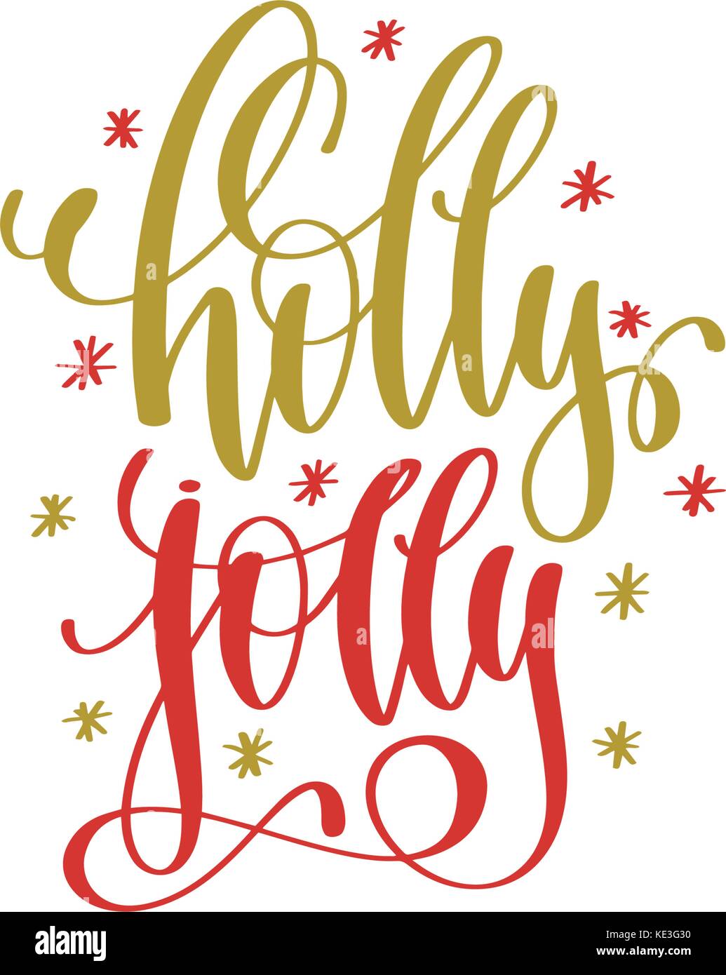 holly jolly hand lettering holiday red and gold inscription Stock ...