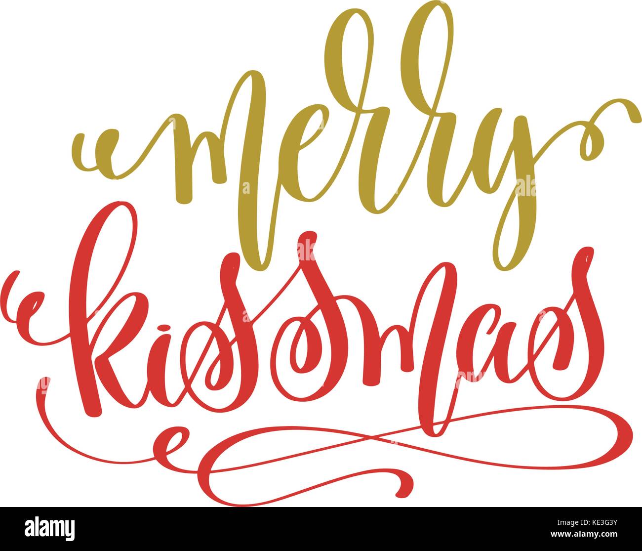 merry kissmas hand lettering holiday red and gold inscription Stock ...