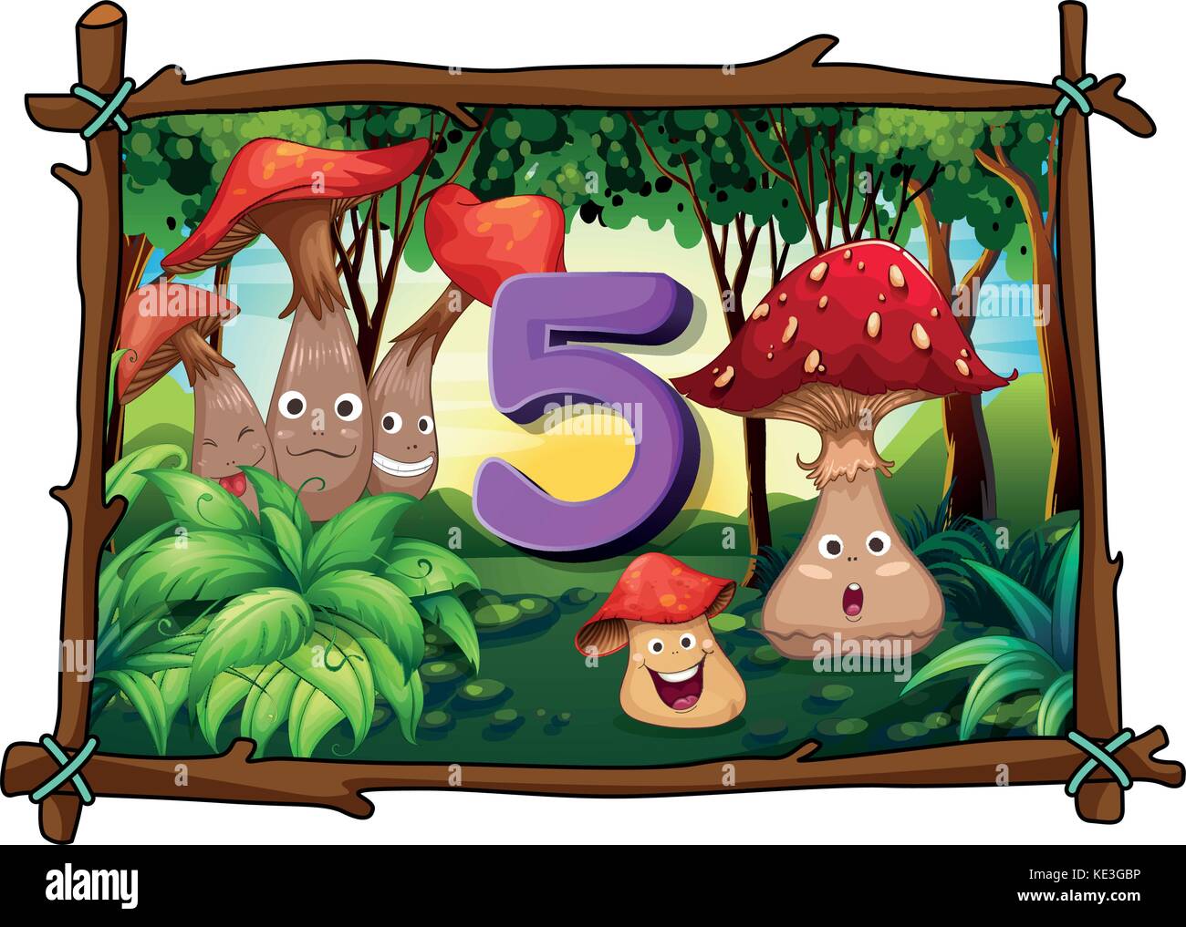 Number five with 5 mushrooms in the forest illustration Stock Vector ...
