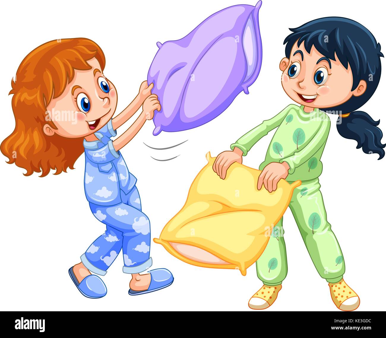 Two girls playing pillow fight at slumber party illustration Stock ...