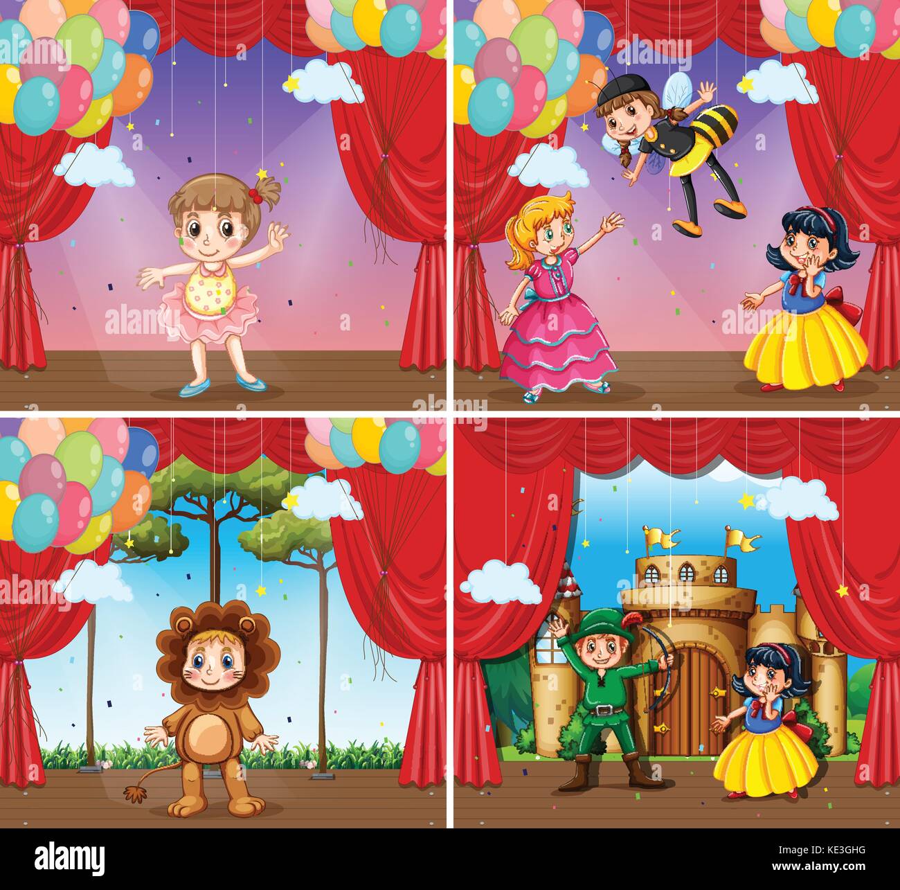 Four scenes of children doing stage plays illustration Stock Vector ...