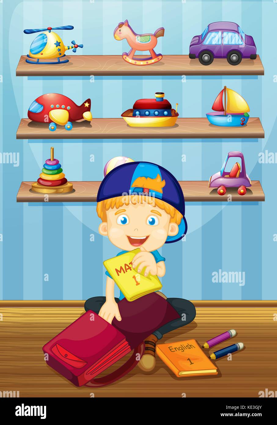 Boy packing bag in room illustration Stock Vector Image & Art - Alamy