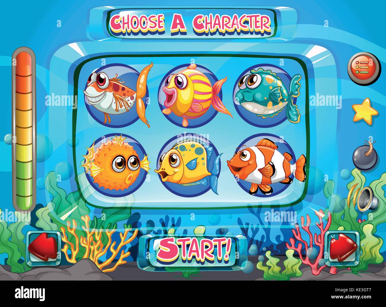 Computer game template with fish as characters illustration Stock ...