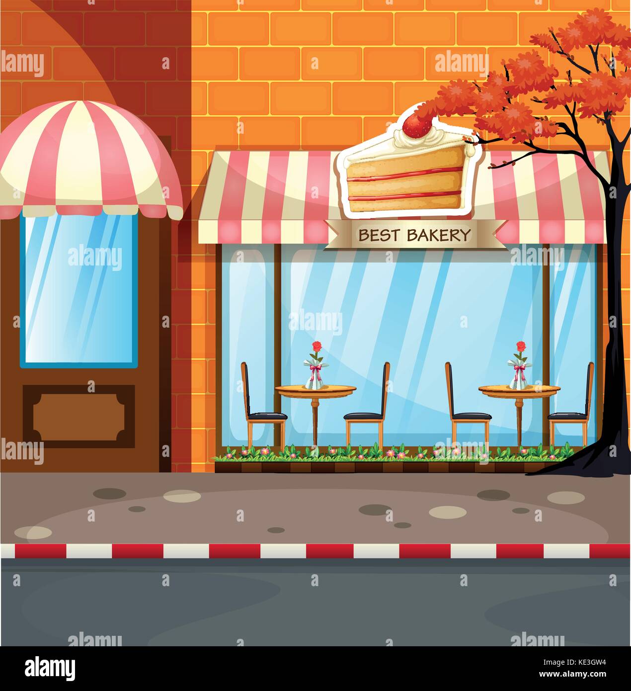 Bakery shop with tables and chairs outside illustration Stock Vector ...