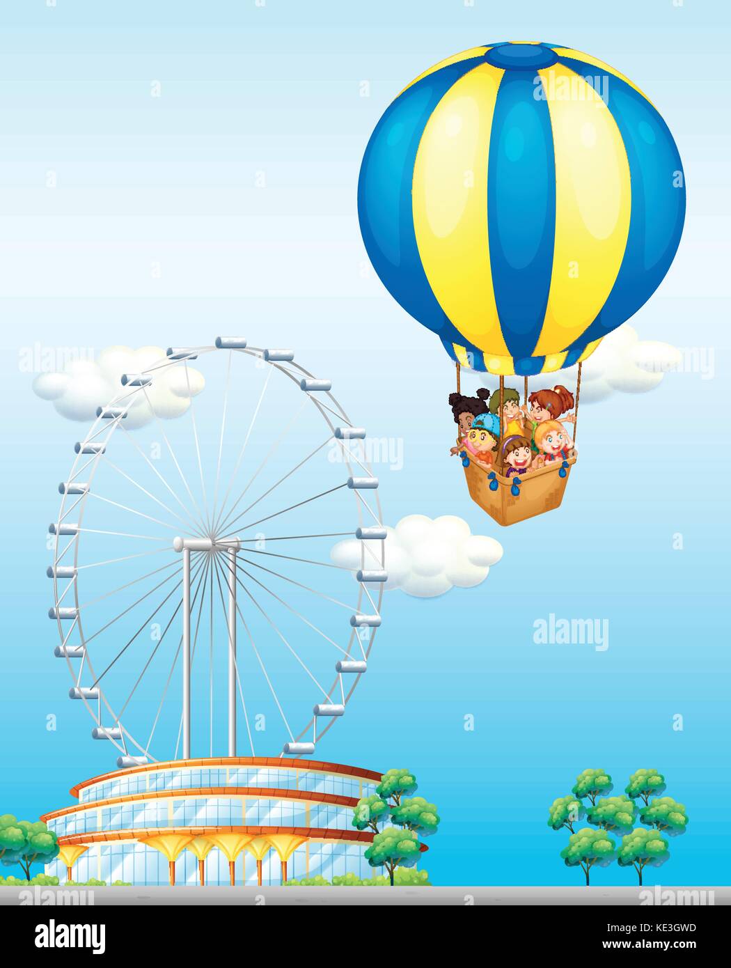 Children riding on giant balloon in sky illustration Stock Vector Image ...