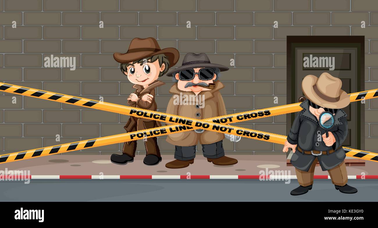 Detectives looking for clues at the crime scene illustration Stock ...