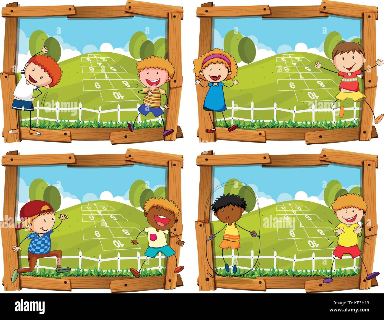 Four frames with children and hopscotch illustration Stock Vector Image ...