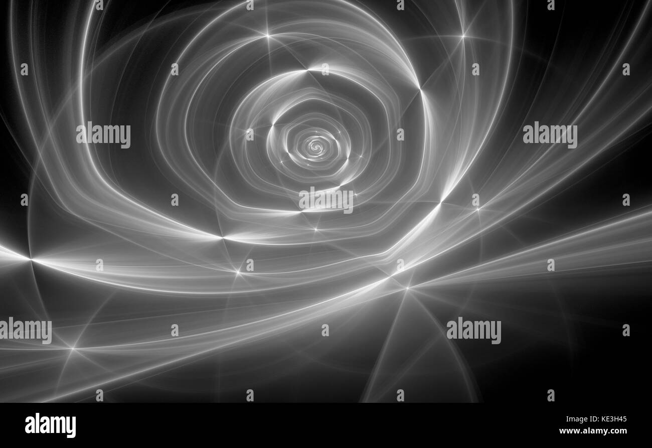 Glowing circular spiral flow in space texture, black and white ...