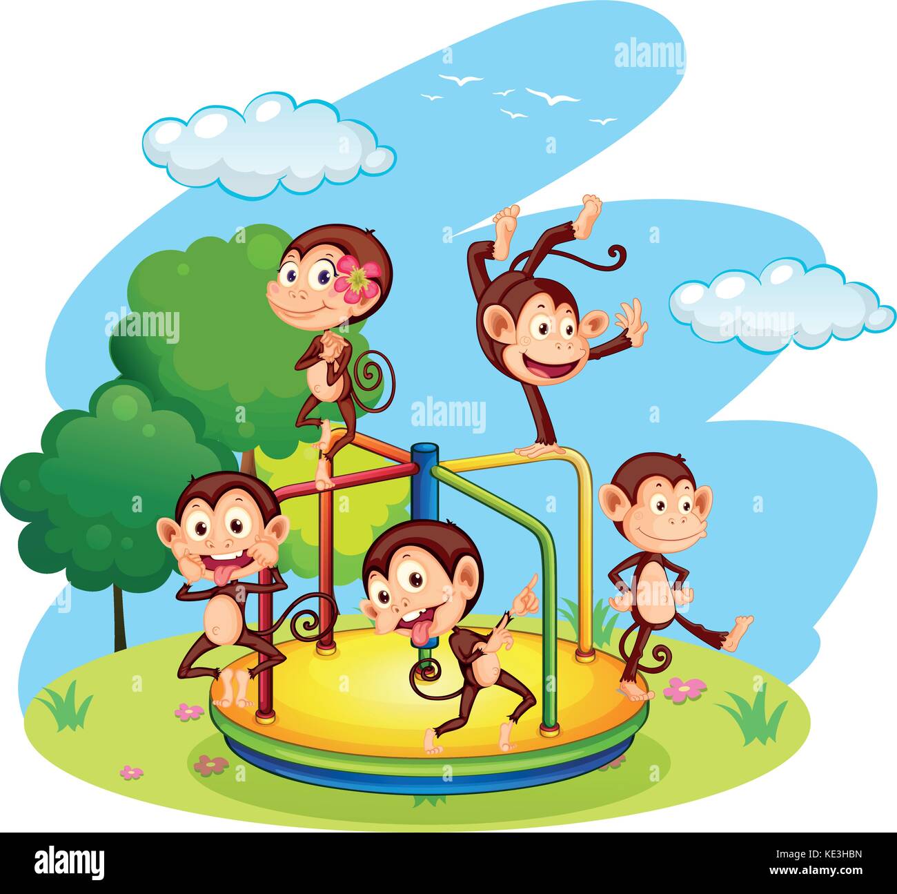 Five monkeys playing on roundabout illustration Stock Vector Image ...