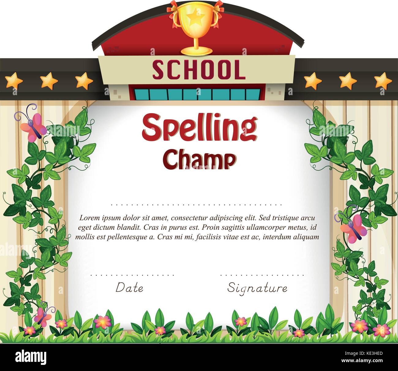 Certificate design with school building background illustration Stock ...