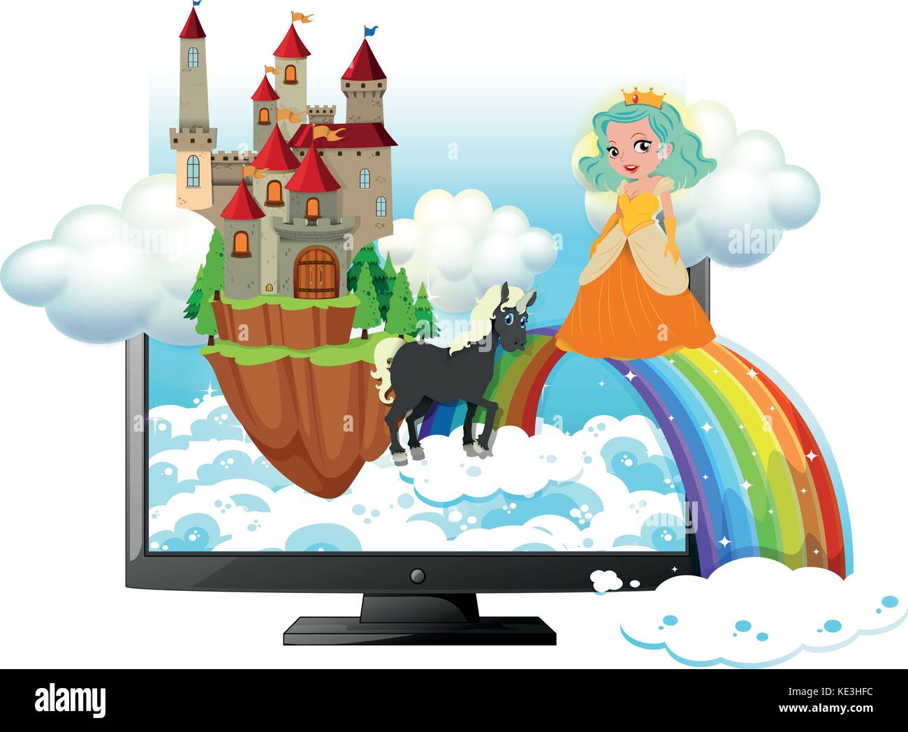 Computer screen with princess and castle illustration Stock Vector ...