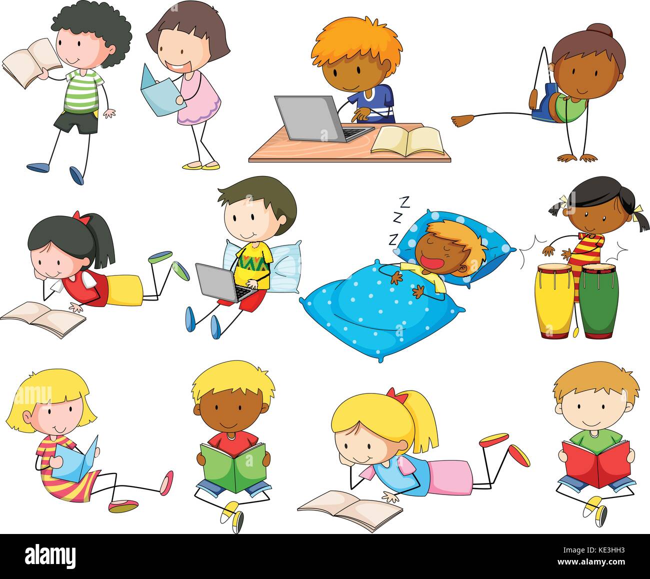 Set of boys and girls doing different activities illustration Stock ...