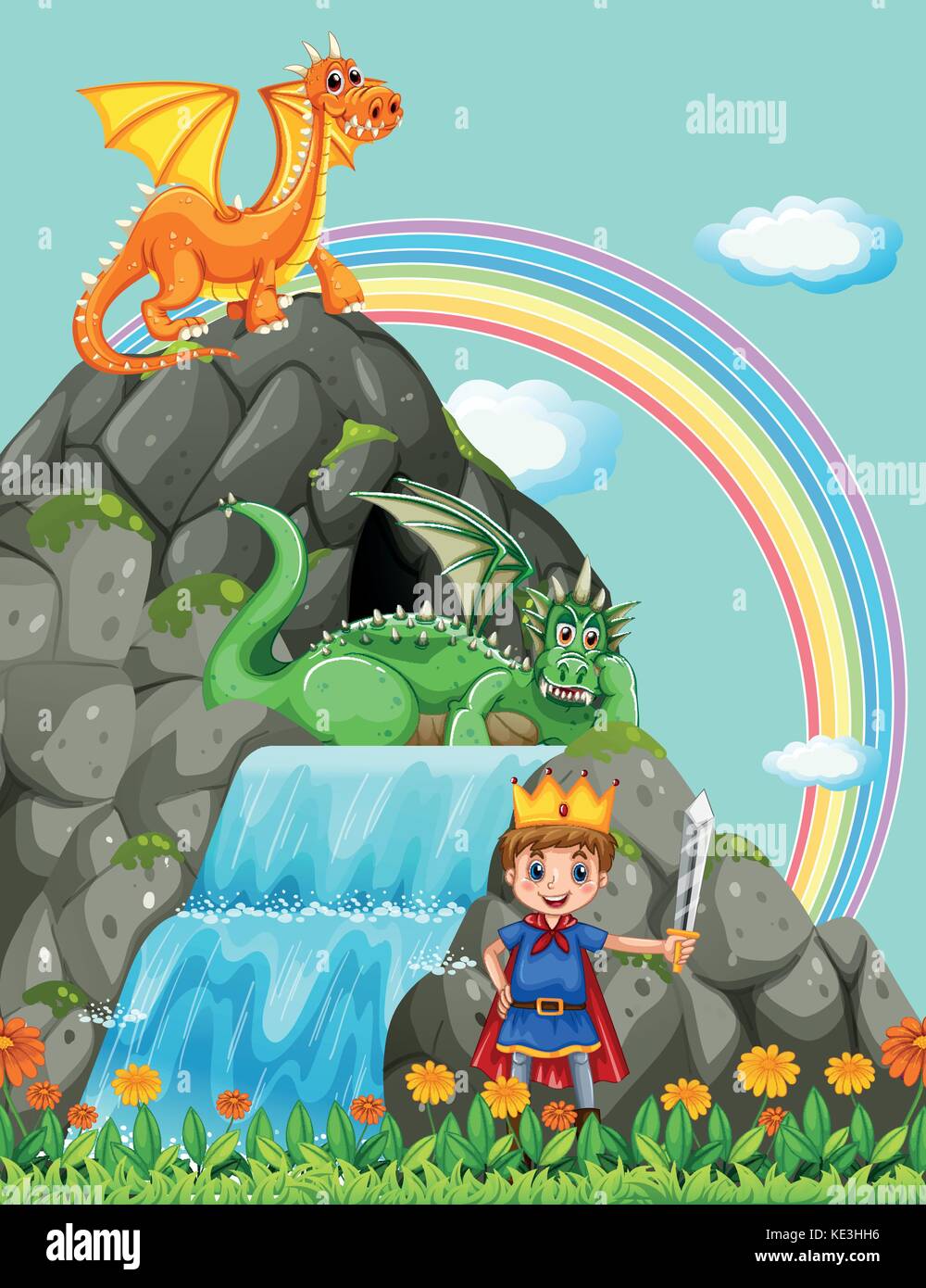 Prince and dragons at the waterfall illustration Stock Vector Image ...