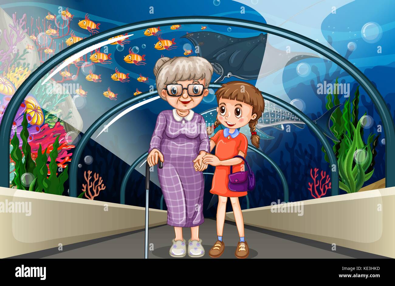 Grandmother and kid at aquarium illustration Stock Vector Image & Art ...