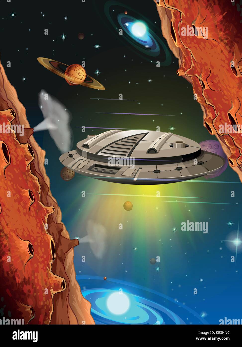 Spaceship flying in the space illustration Stock Vector Image & Art - Alamy