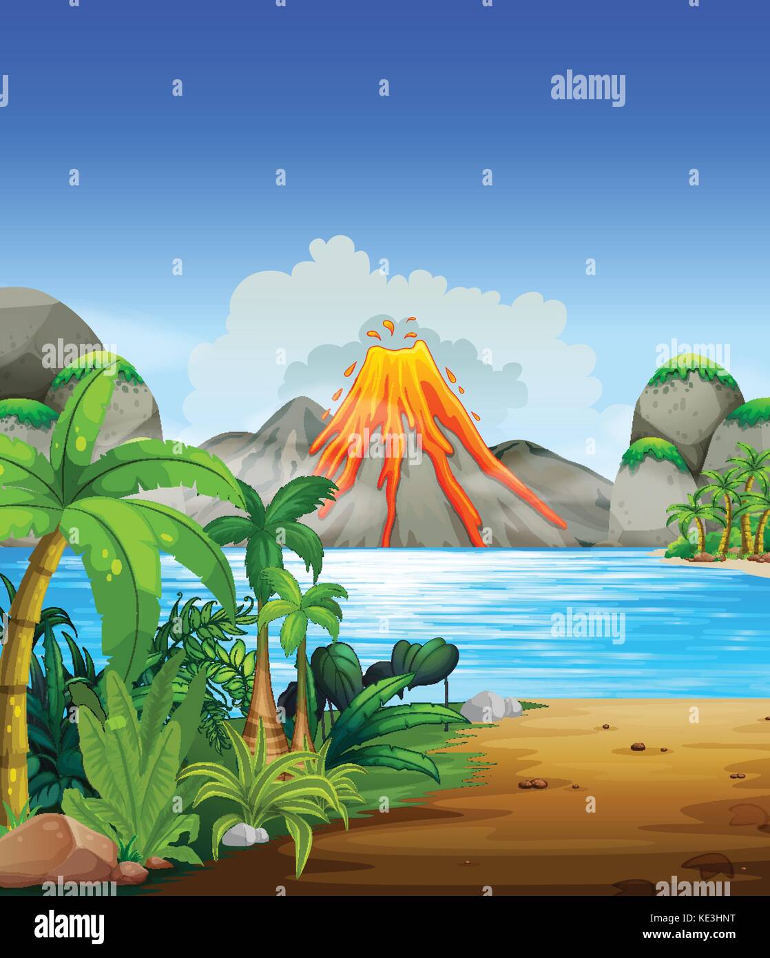 Volcano eruption behind the lake illustration Stock Vector Image & Art ...