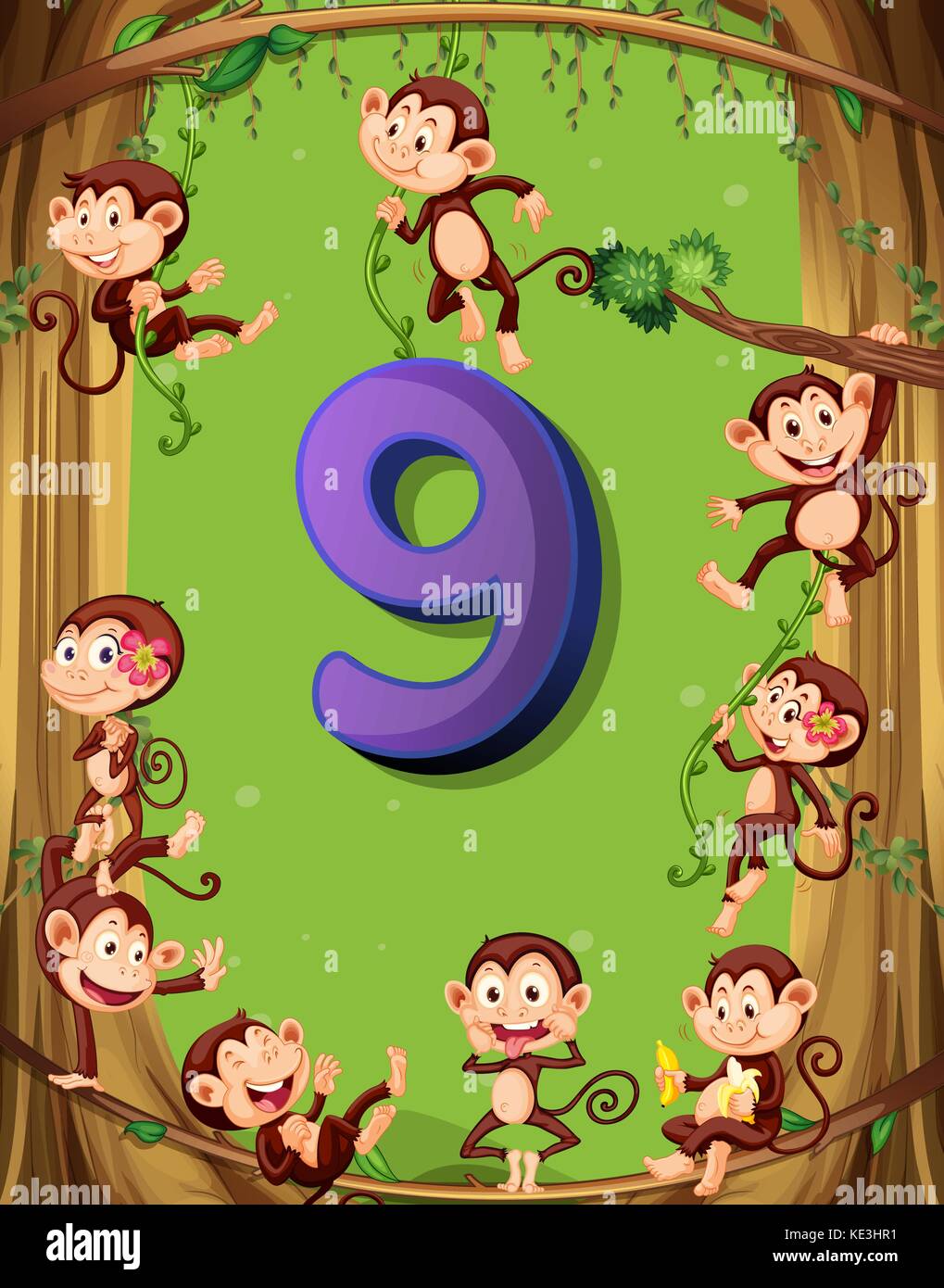 Number nine with 9 monkeys on the tree illustration Stock Vector Image ...