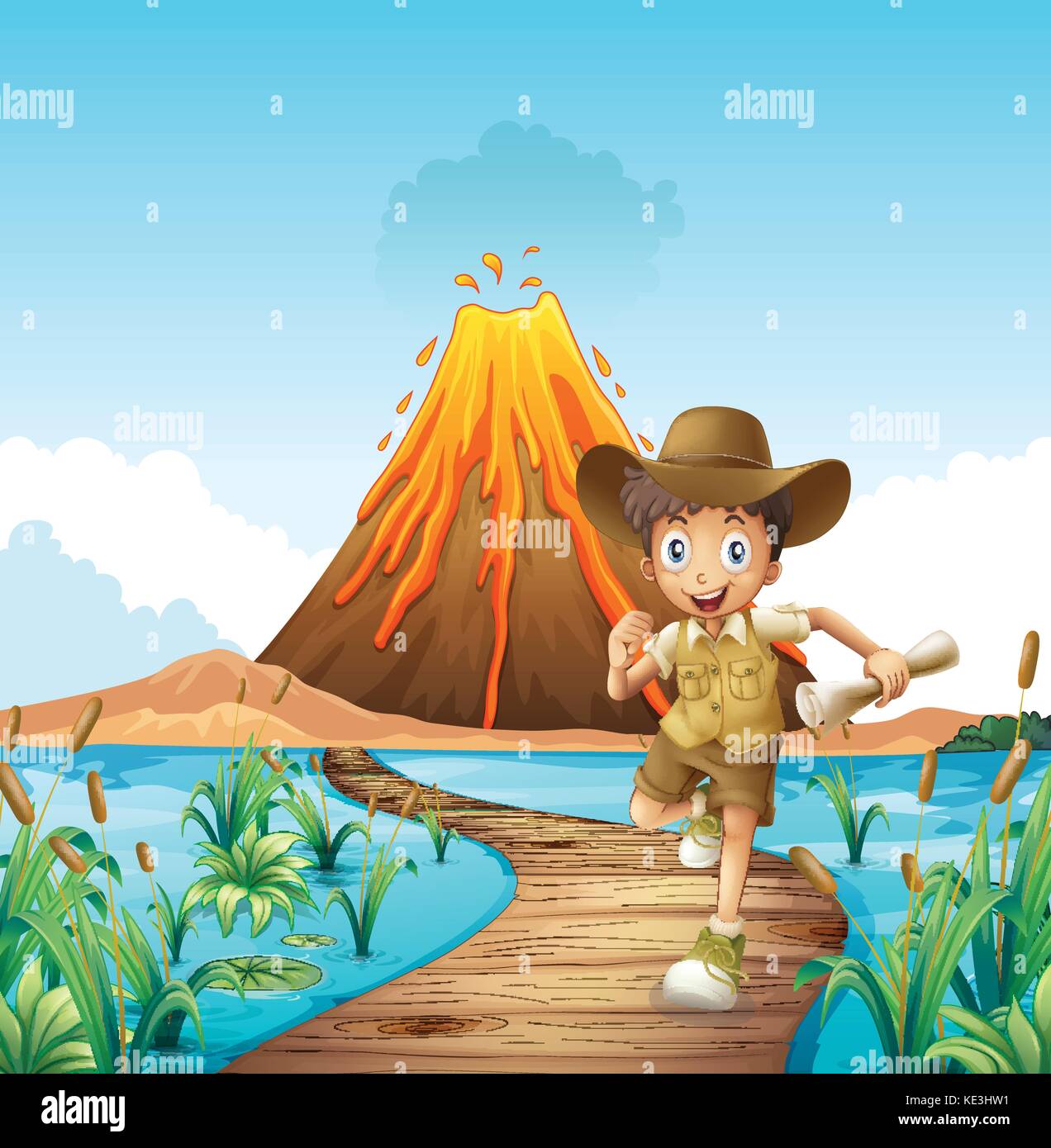 Boy running on the bridge with volcano background illustration Stock ...