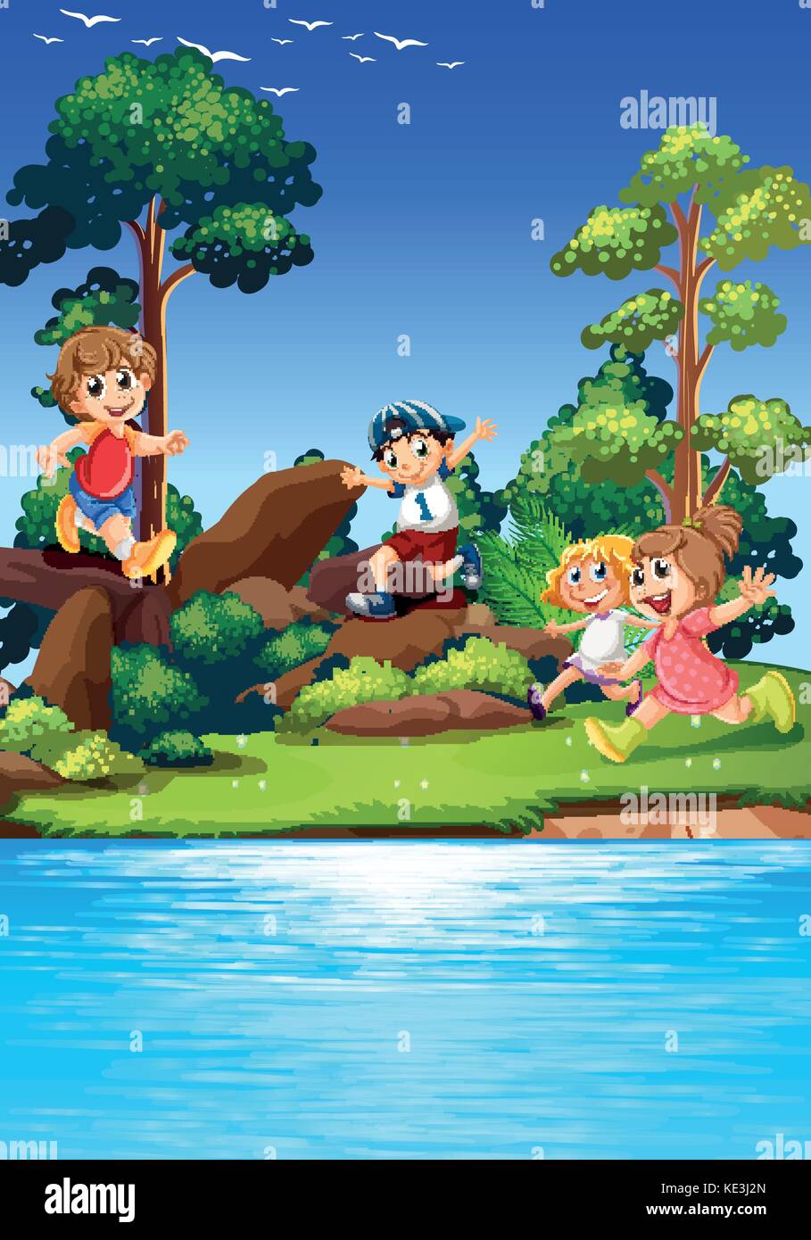 Kids playing by the pond illustration Stock Vector Image & Art - Alamy