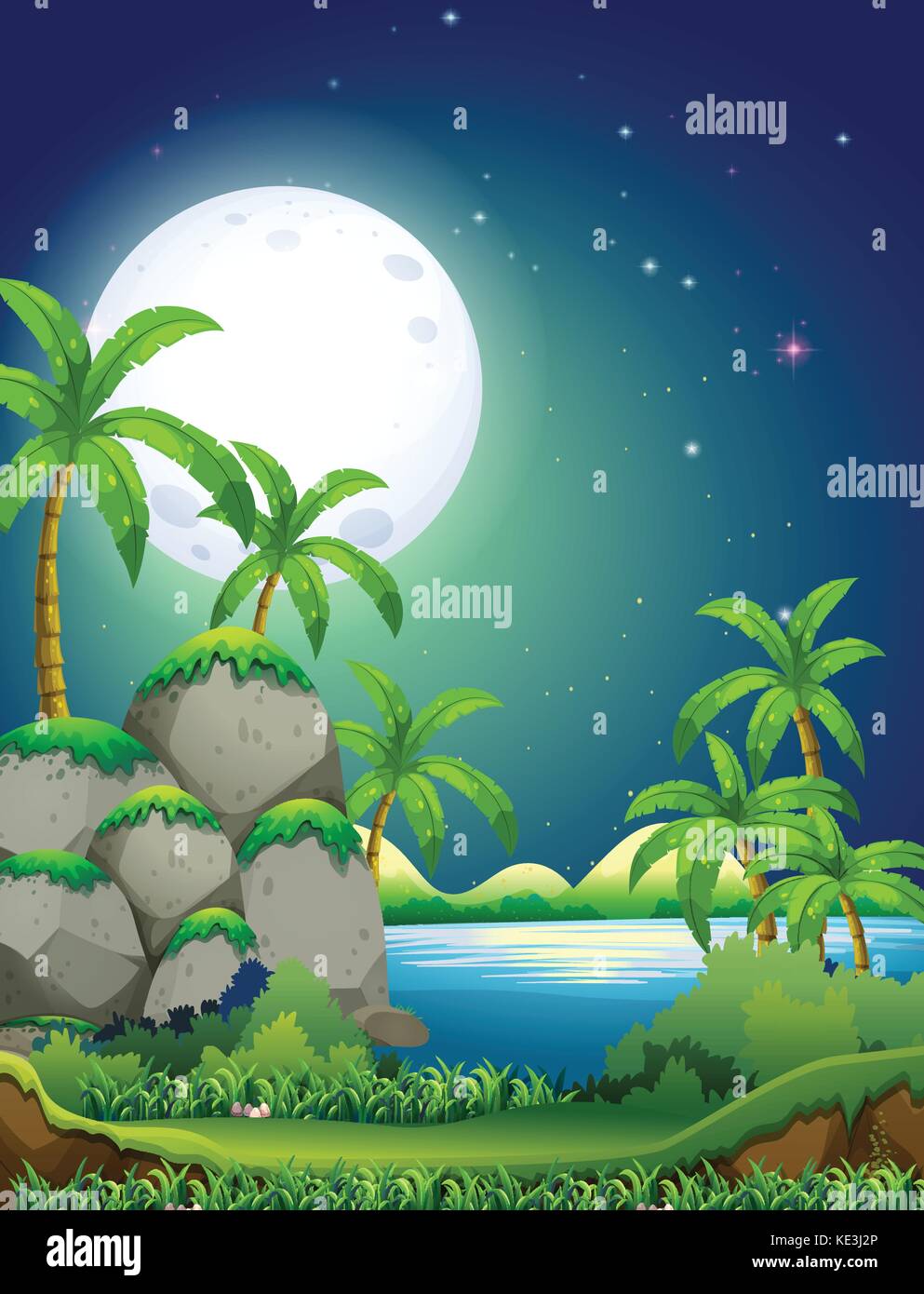 Nature scene with river at night illustration Stock Vector Image & Art ...