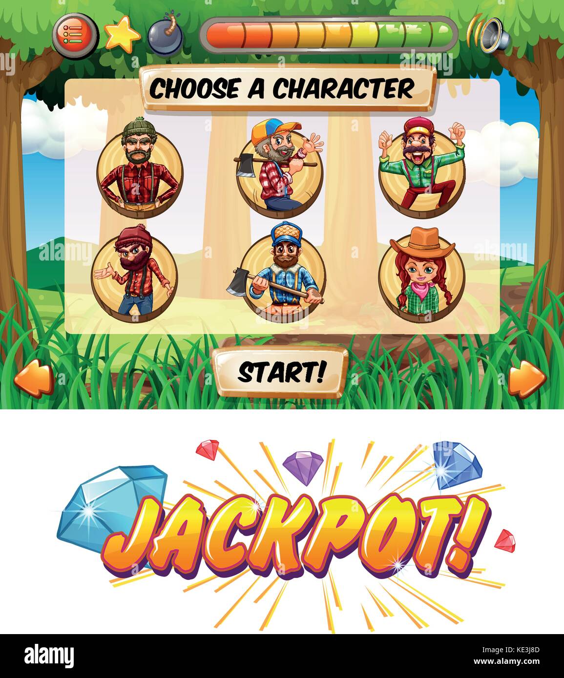 Slot game template with lumber jack characters illustration Stock ...