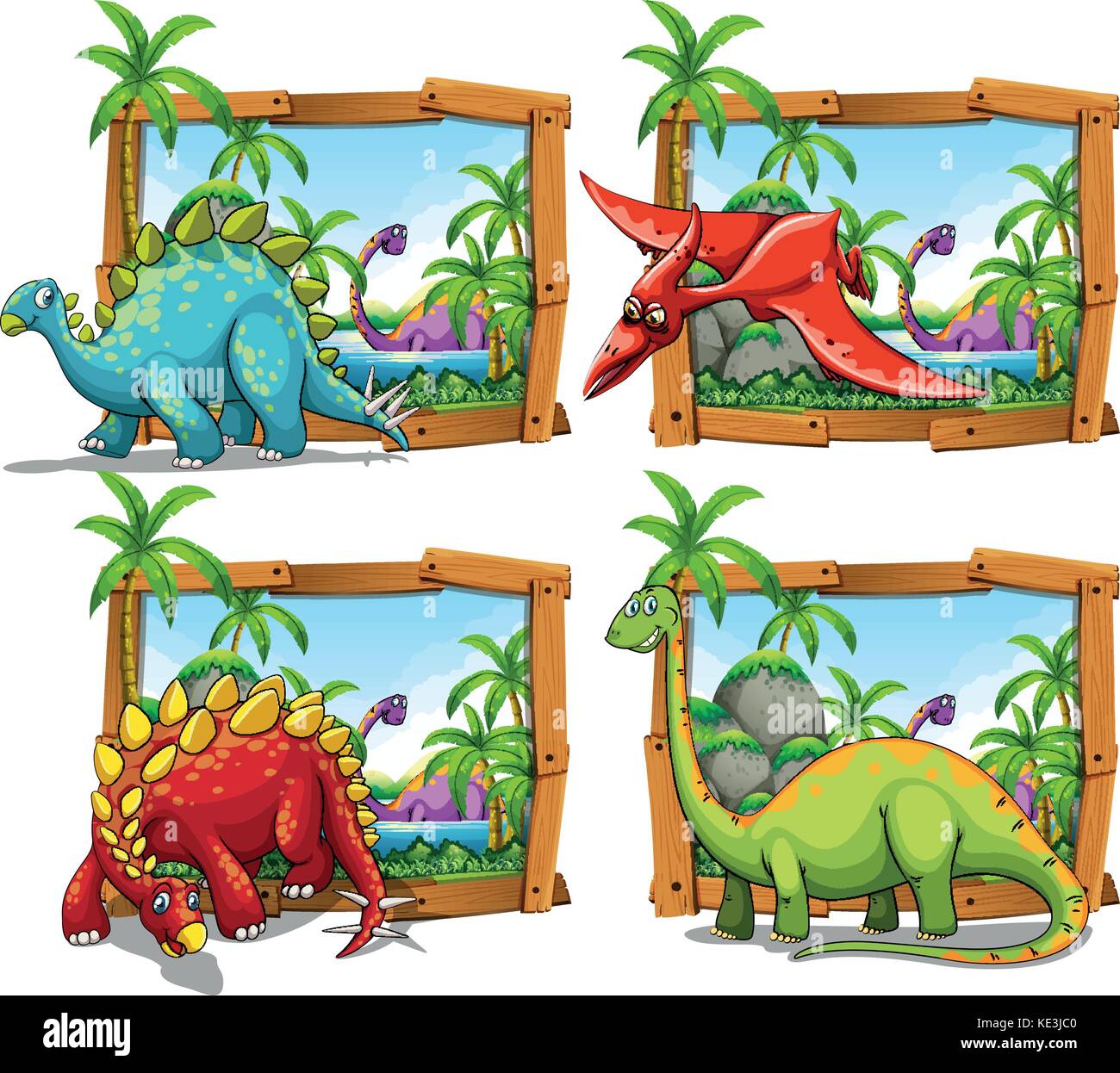 Four scenes of dinosaurs by the lake illustration Stock Vector Image ...