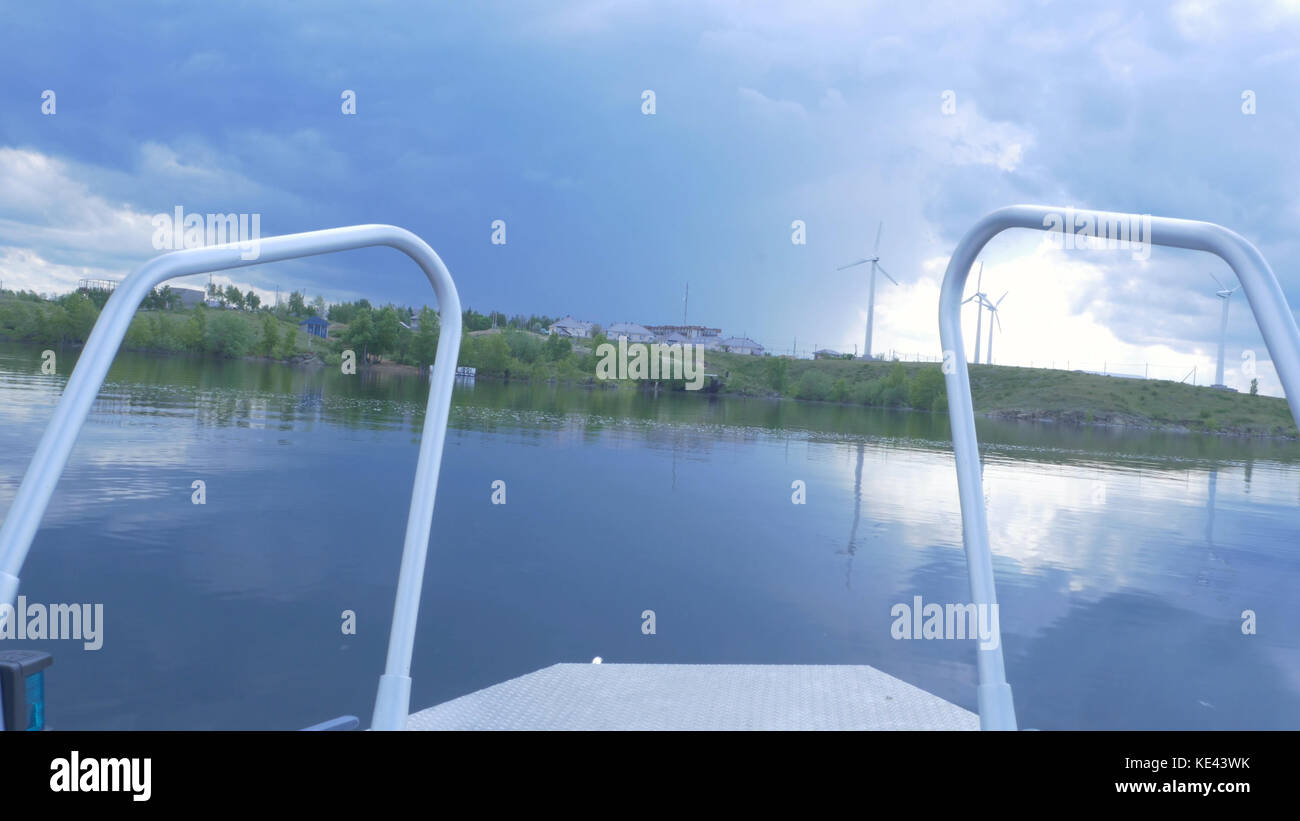 Ship Nose Front View boat at sea. view from motorboat. Elegant modern ...