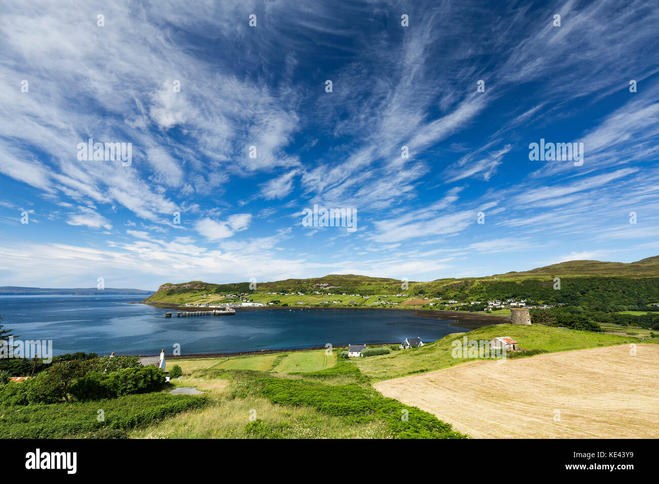 Morning view of the small port town of Uig on the Isle of Skye in ...