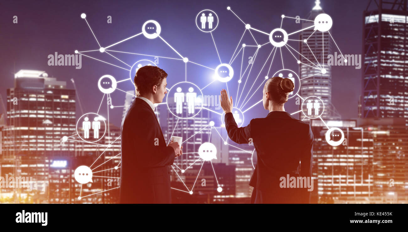 Concept of social connection and networking against night city view and ...