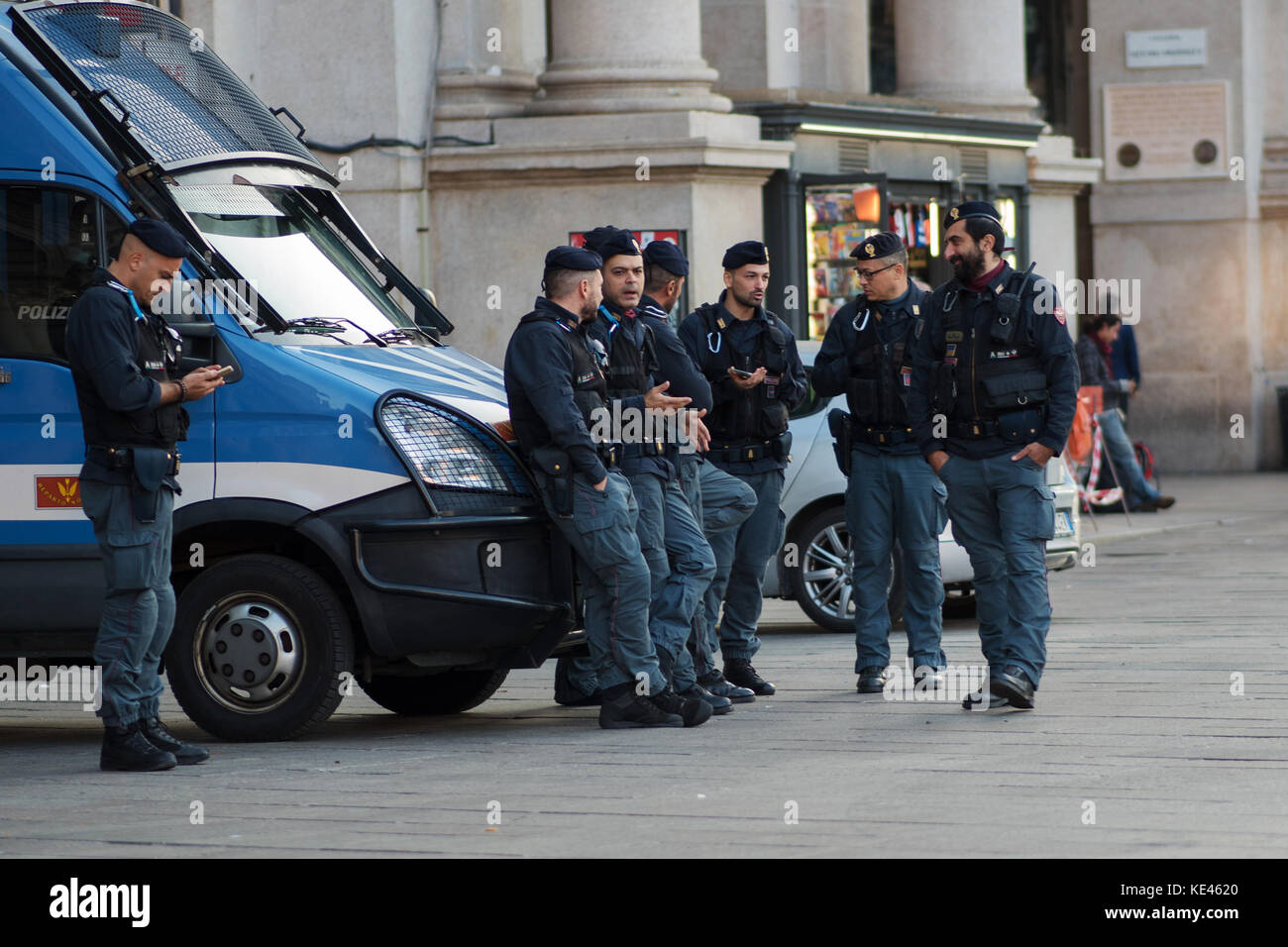 MILAN, ITALY - OCTOBER 9, 2017: group of policemen start of the day ...
