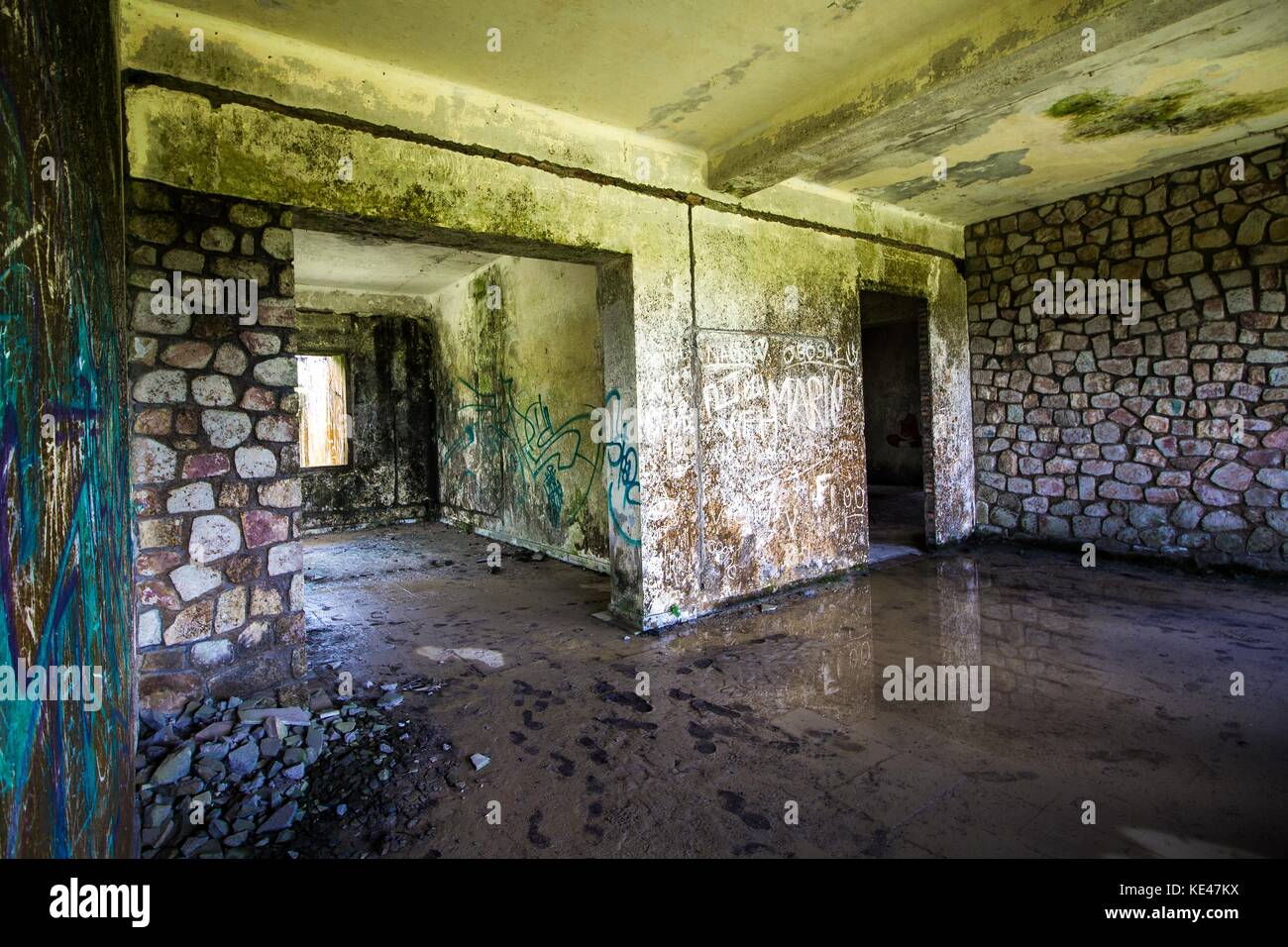 Interior of a dilapidated villa at Bokor Hill Station in Cambodia Stock ...